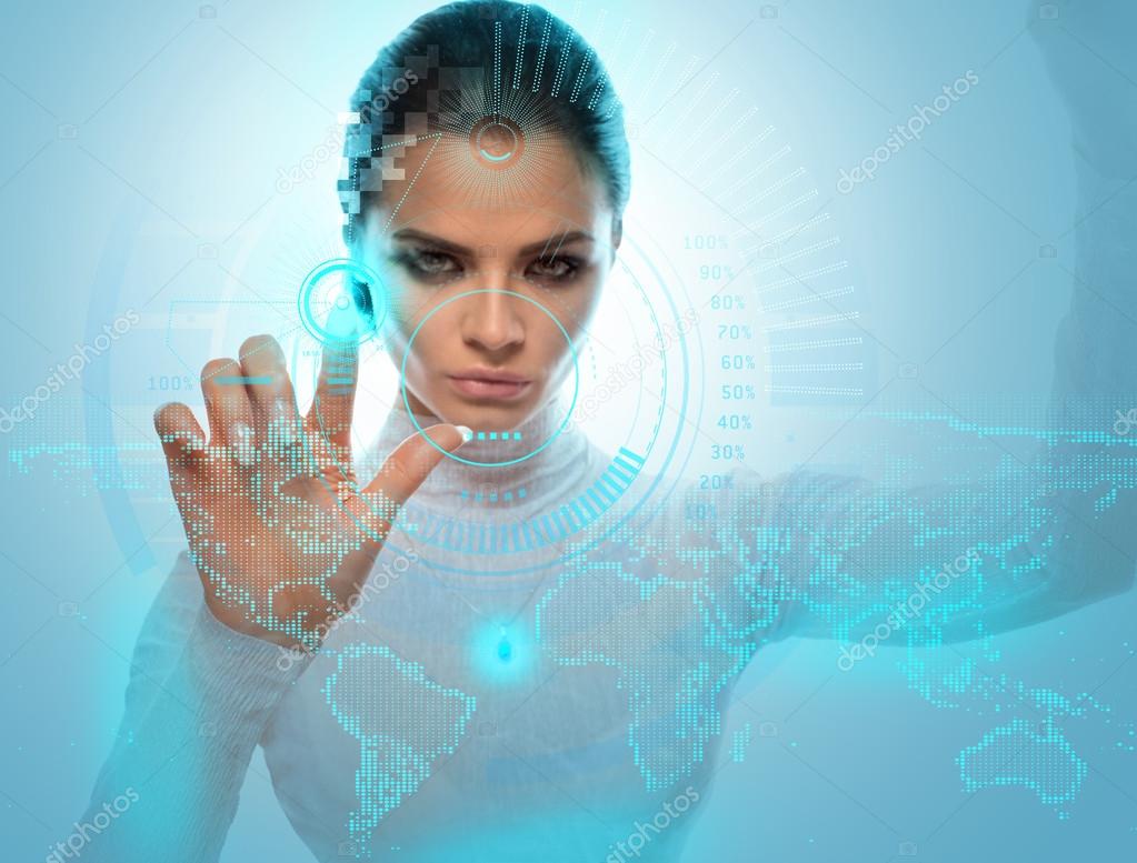 Hi-tech Girl touching screen Stock Photo by ©vitaliy_sokol 71500273