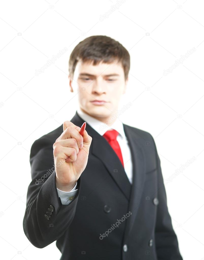 Successful and smart businessman writing imaginary text — Stock Photo ...