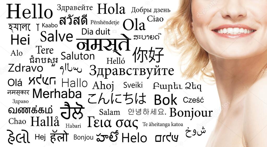 Beautiful blond over different world languages background — Stock Photo ...