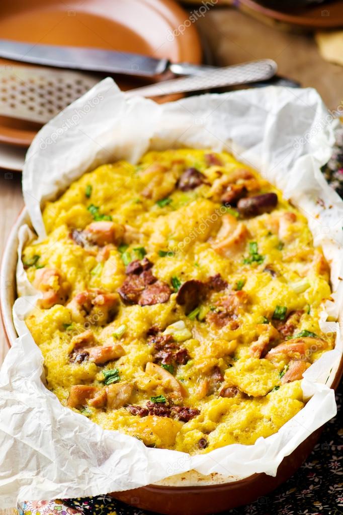 Chicken bread pudding with chicken — Stock Photo © zoryanchik #99302736