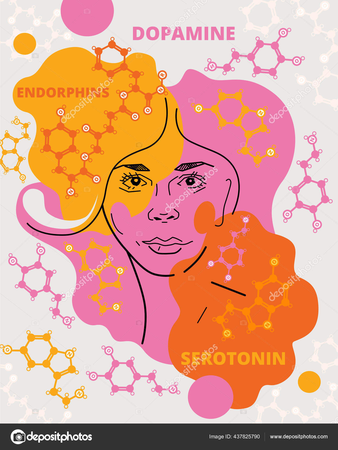 Rostro Femenino Las Estructuras Neurotransmisores Serotonina Dopamina Endorfinas Ilustración ...