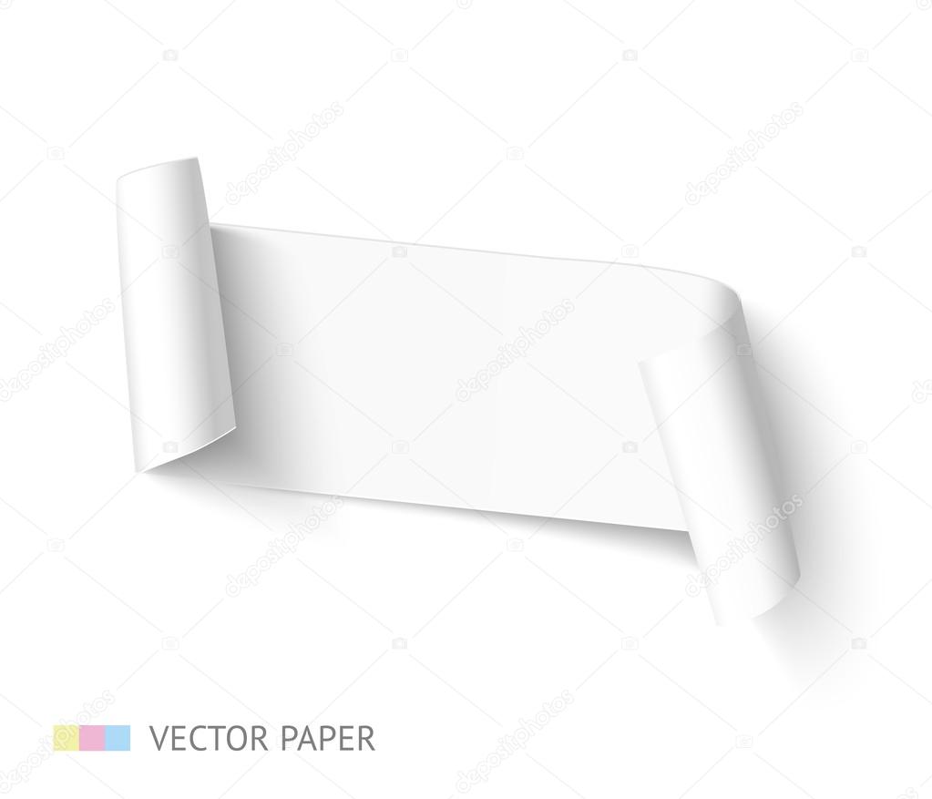 White paper ribbon curved banner with roll. Realistic vector template ...