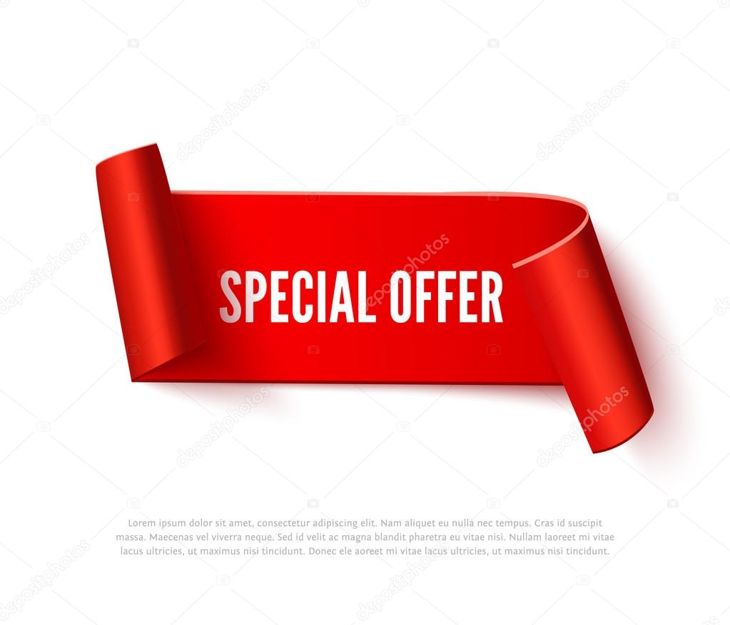 Red curved paper ribbon banner with rolls and inscription Special offer ...