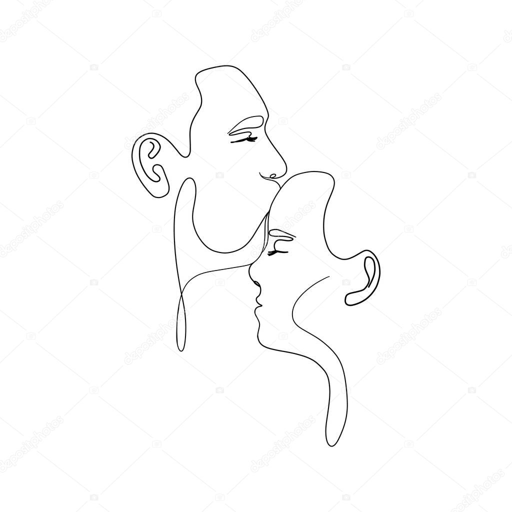 Amore coppia bacio linea art. Volti minimalisti uomo e donna, disegno ...