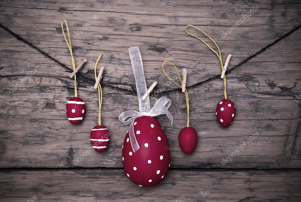 Many Red Easter Eggs And One Big Egg Hanging On Line Frame — Stock ...
