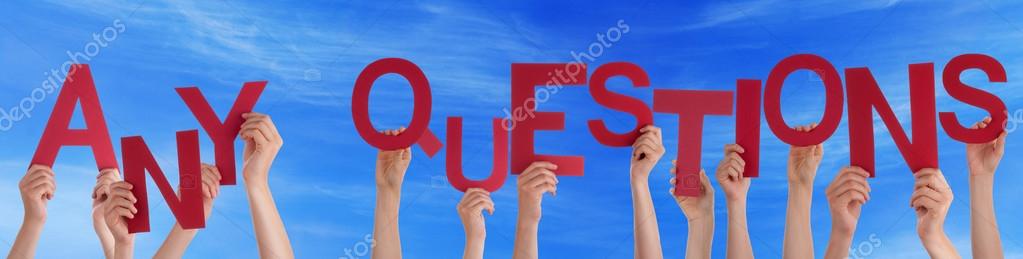 Many People Hands Holding Red Word Any Questions Blue Sky — Stock Photo ...