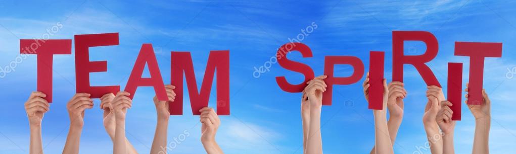 People Hands Holding Red Word Team Spirit Blue Sky — Stock Photo ...