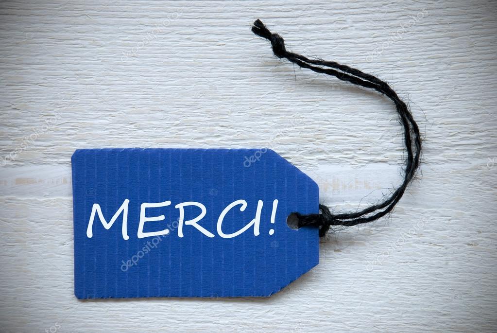 Blue Label With French Text Merci Means Thank You — Stock Photo ...