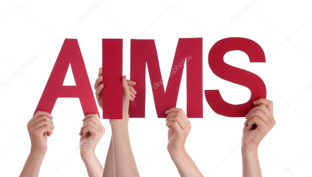 Many People Hands Holding Red Straight Word Aims — Stock Photo © Nelosa ...