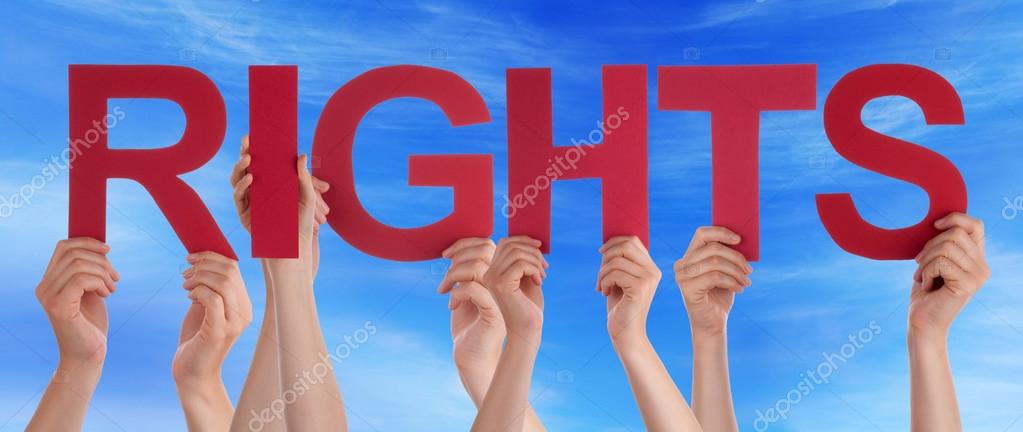 Many People Hands Holding Red Straight Word Rights Blue Sky — Stock ...