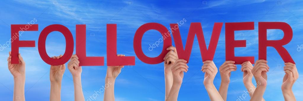 Hands Holding Red Straight Word Follower Blue Sky Stock Photo by ...
