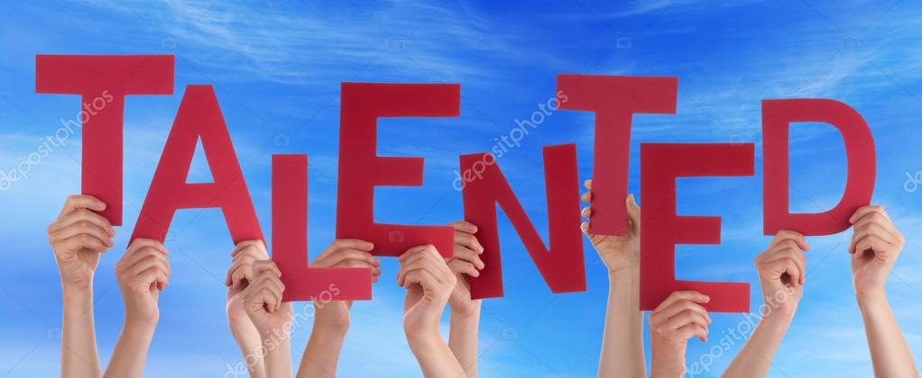 Many People Hands Holding Red Word Talented Blue Sky — Stock Photo ...