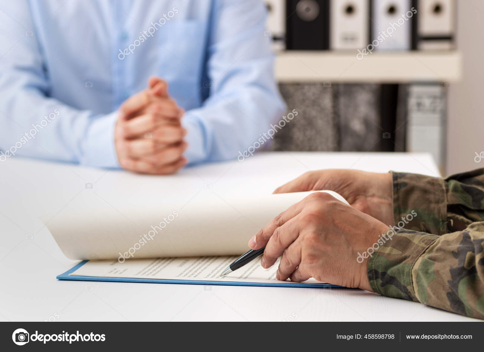 Cropped Shot Man Military Man Completing Paperwork Together Desk ...