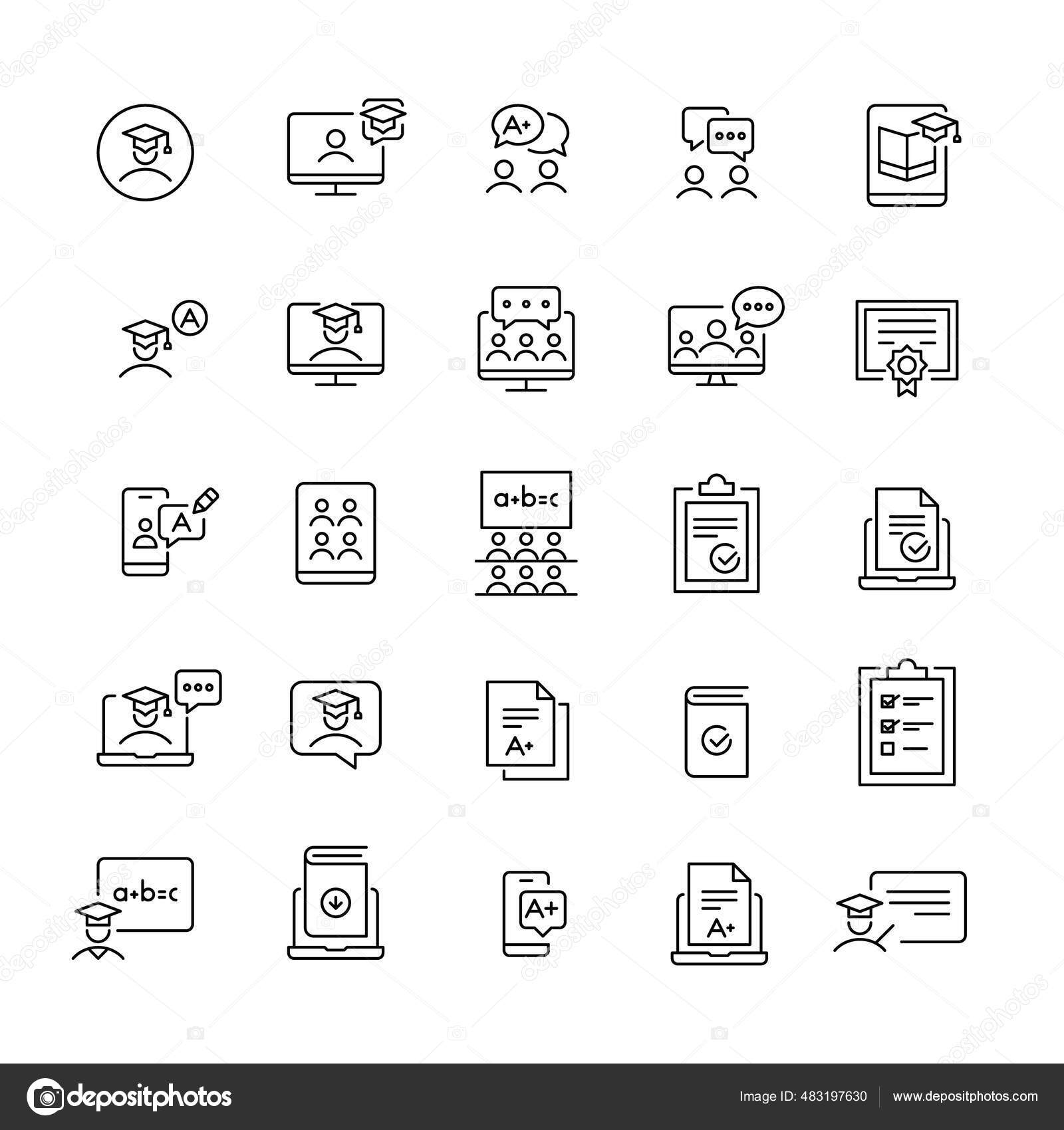 Conjunto de iconos de E-learning. Graduación, diploma, escuela en línea, buenas calificaciones ...