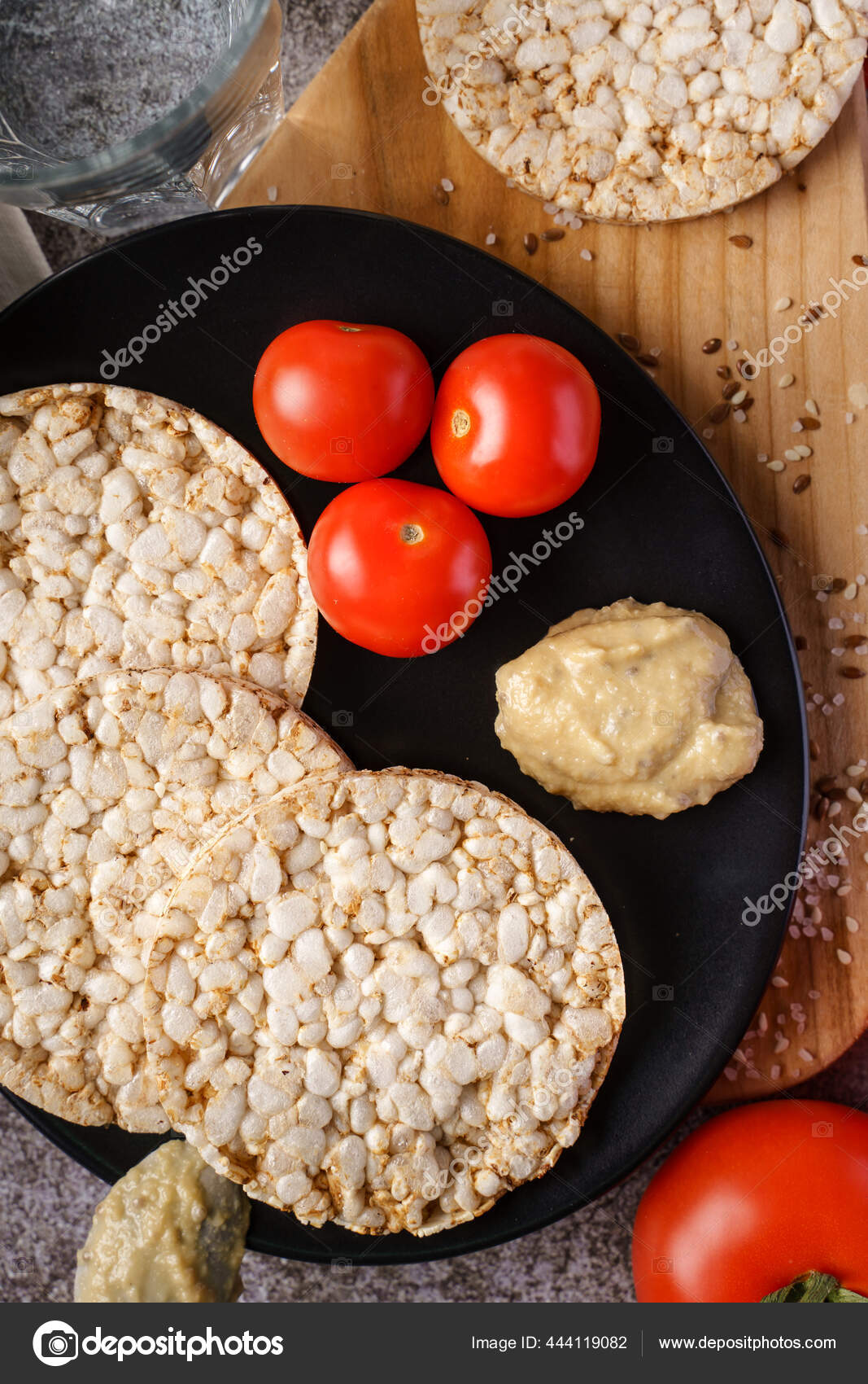 Crispy Puffed Rice Cakes Table Hummus Spread Tomato Vegetables Sesame ...