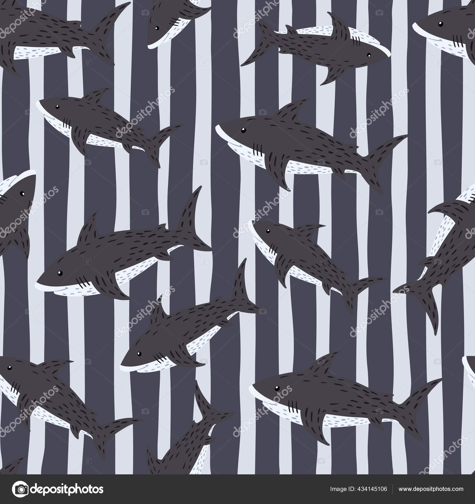Random Seamless Pattern Dangerous Shark Ornament Striped Grey ...