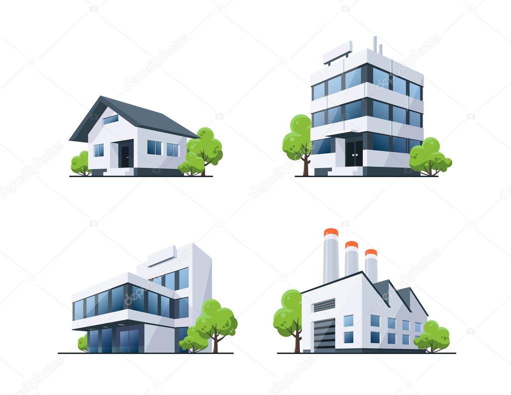 Conjunto de cuatro tipos Edificios Ilustración con árboles 2024