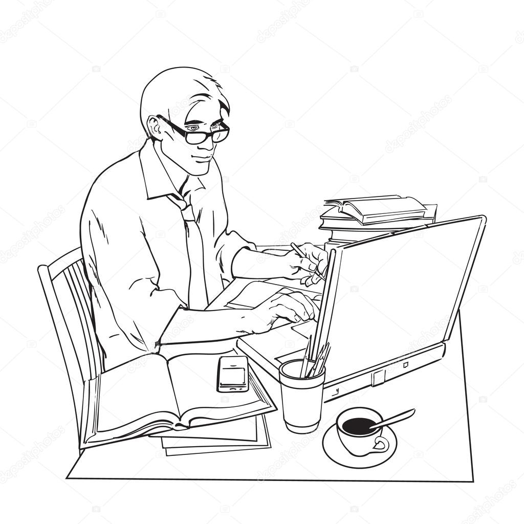 Man Writing At Desk Drawing