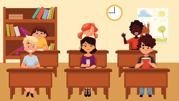Kreslené děti, které sedí ve školní lavici — Stock Vektor © OlgaSuslO ...