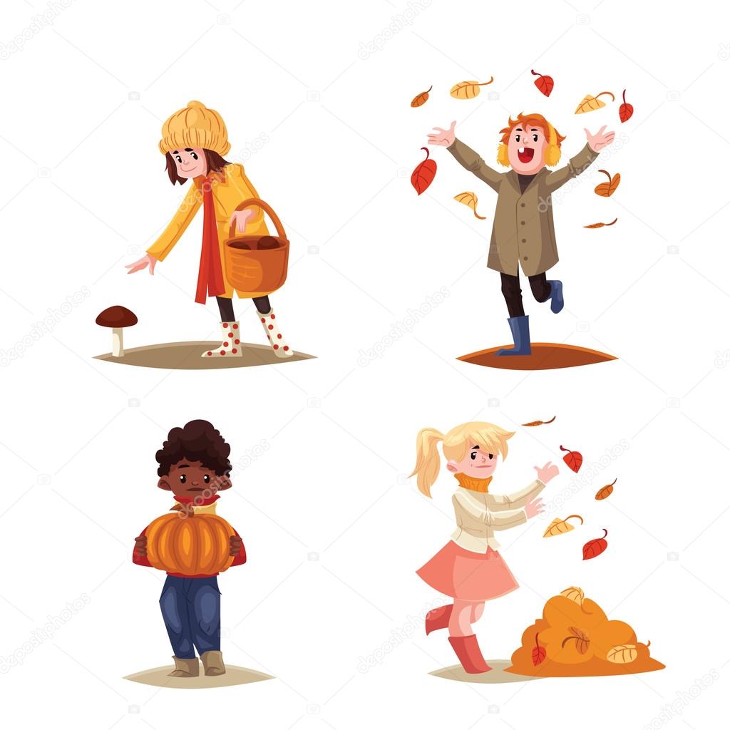 Set of kids enjoying outdoor fall autumn activities ⬇ Vector Image by ...