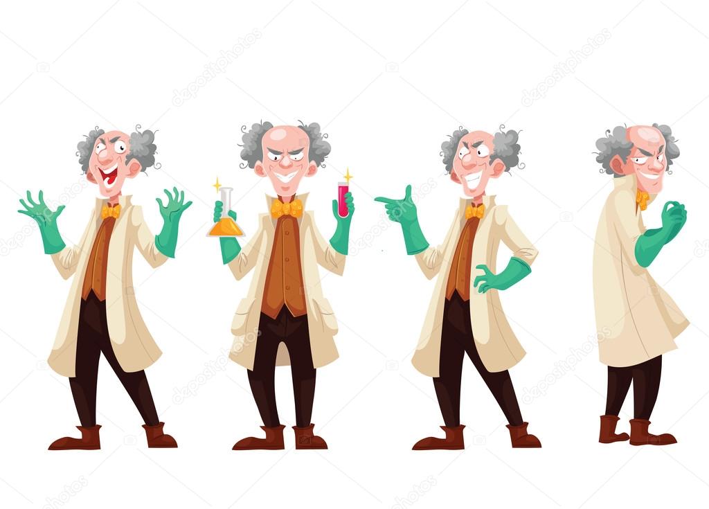 Mad professor in lab coat and green rubber gloves — Stock Vector ...