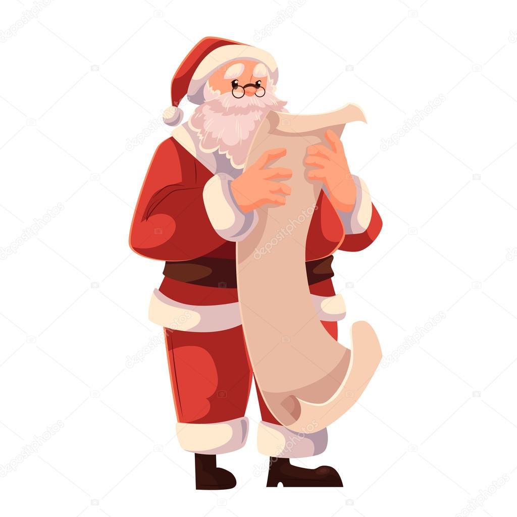 Santa Claus in glasses reading a long scroll of paper Stock Vector by ...