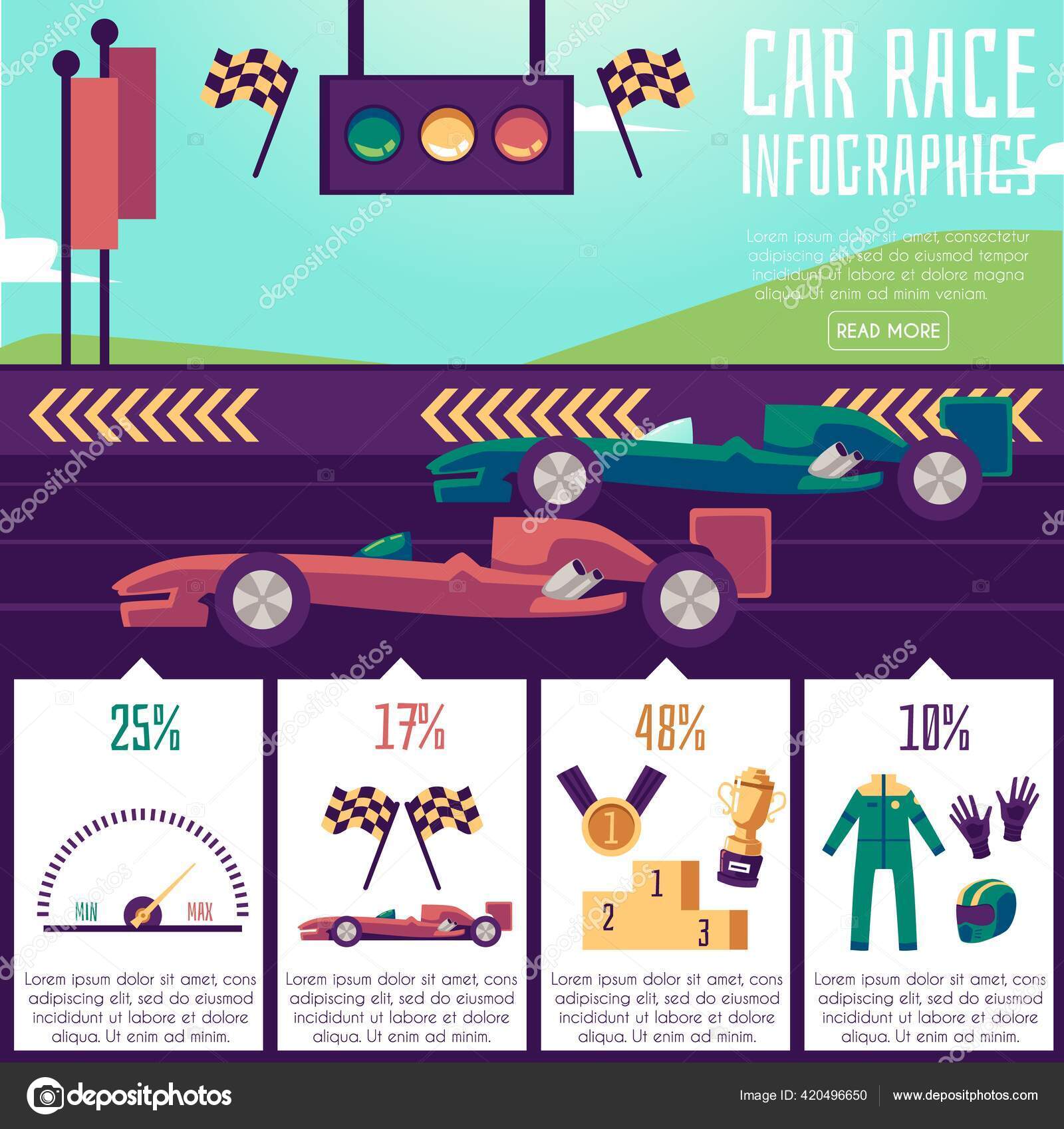 Banner with infographics of car races a vector flat illustration Stock ...