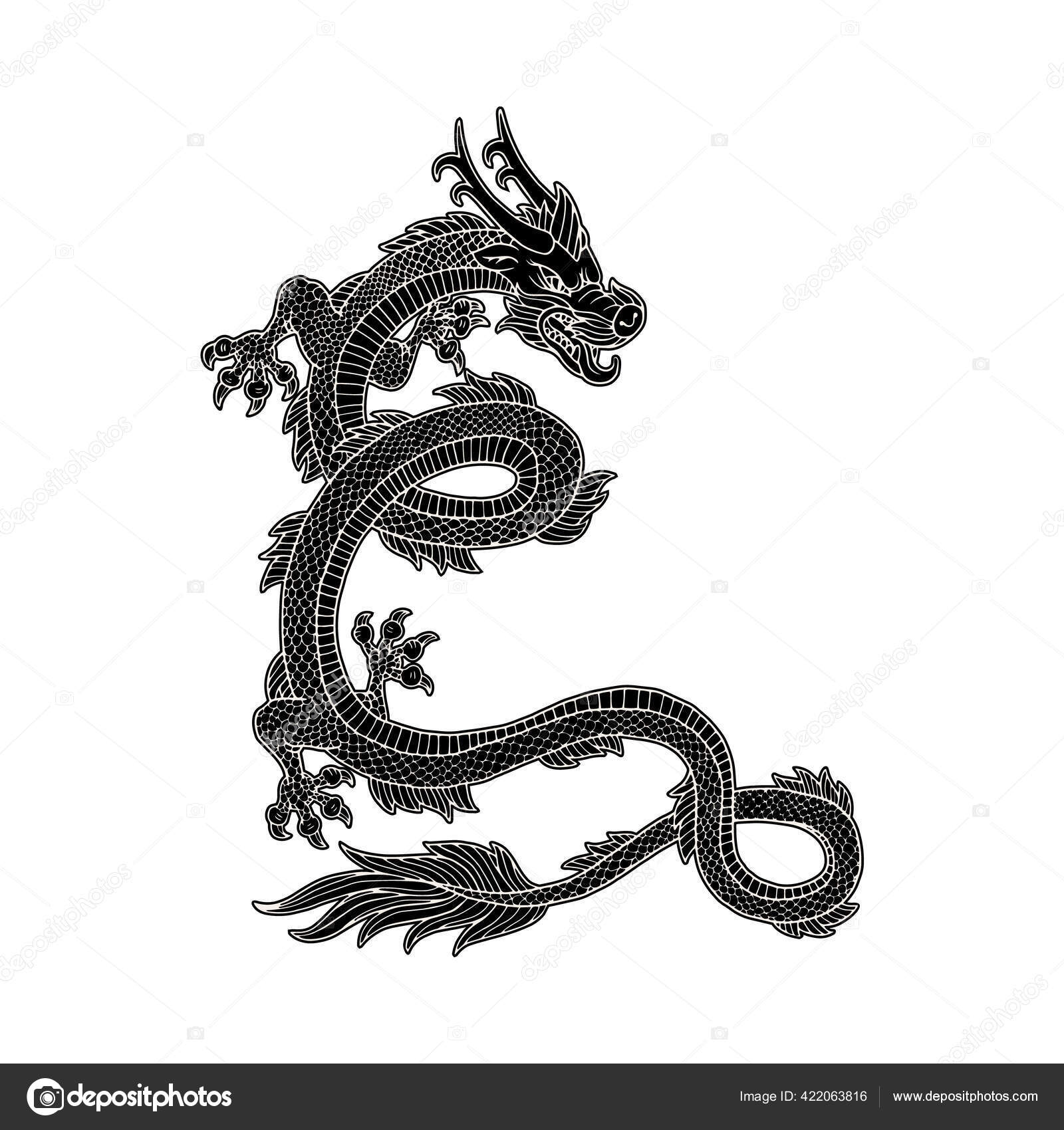 Svart och vitt asiatisk eller kinesisk drake tecknad vektor ...