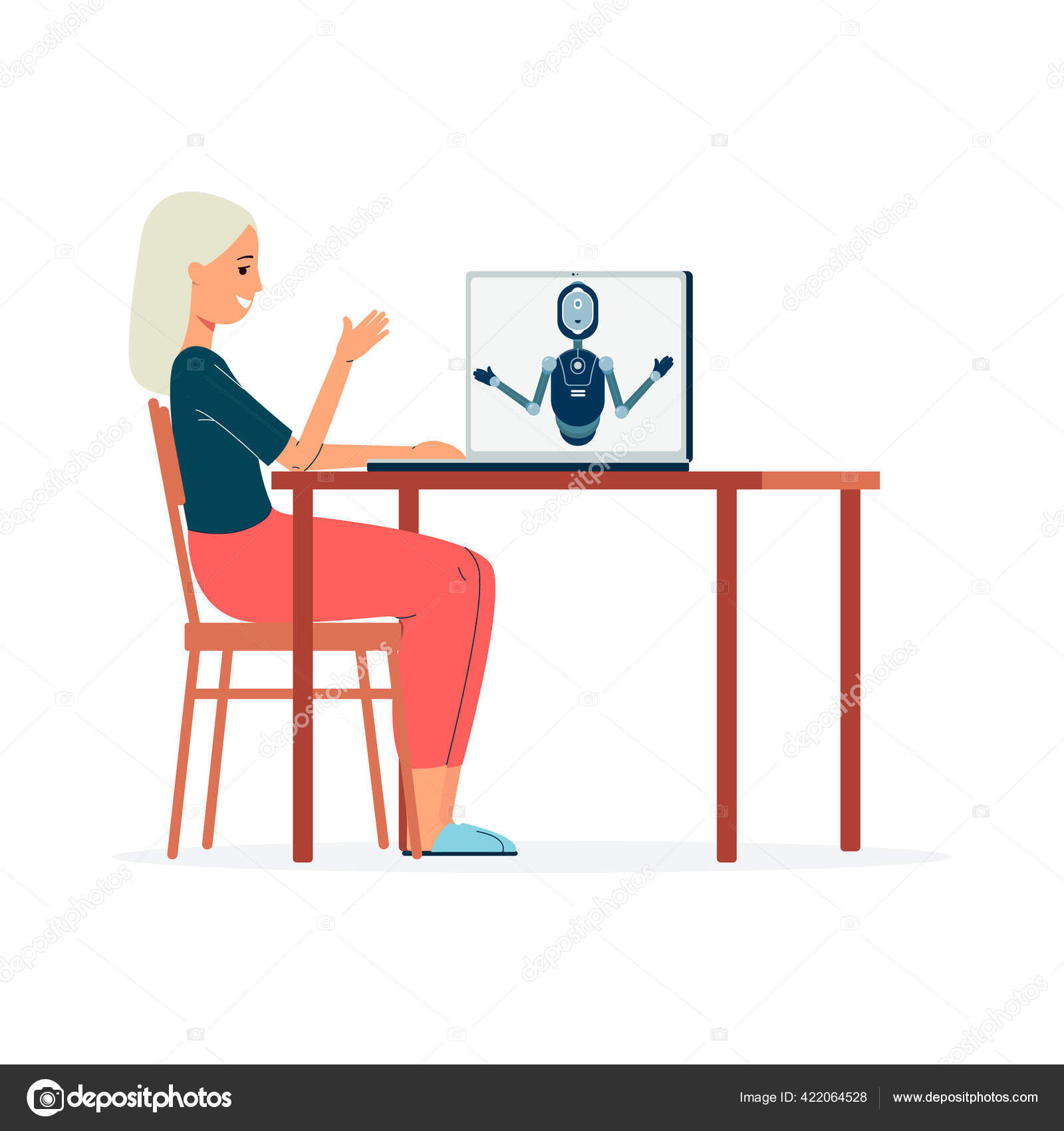 Woman communicating with chatbot service, flat vector illustration ...