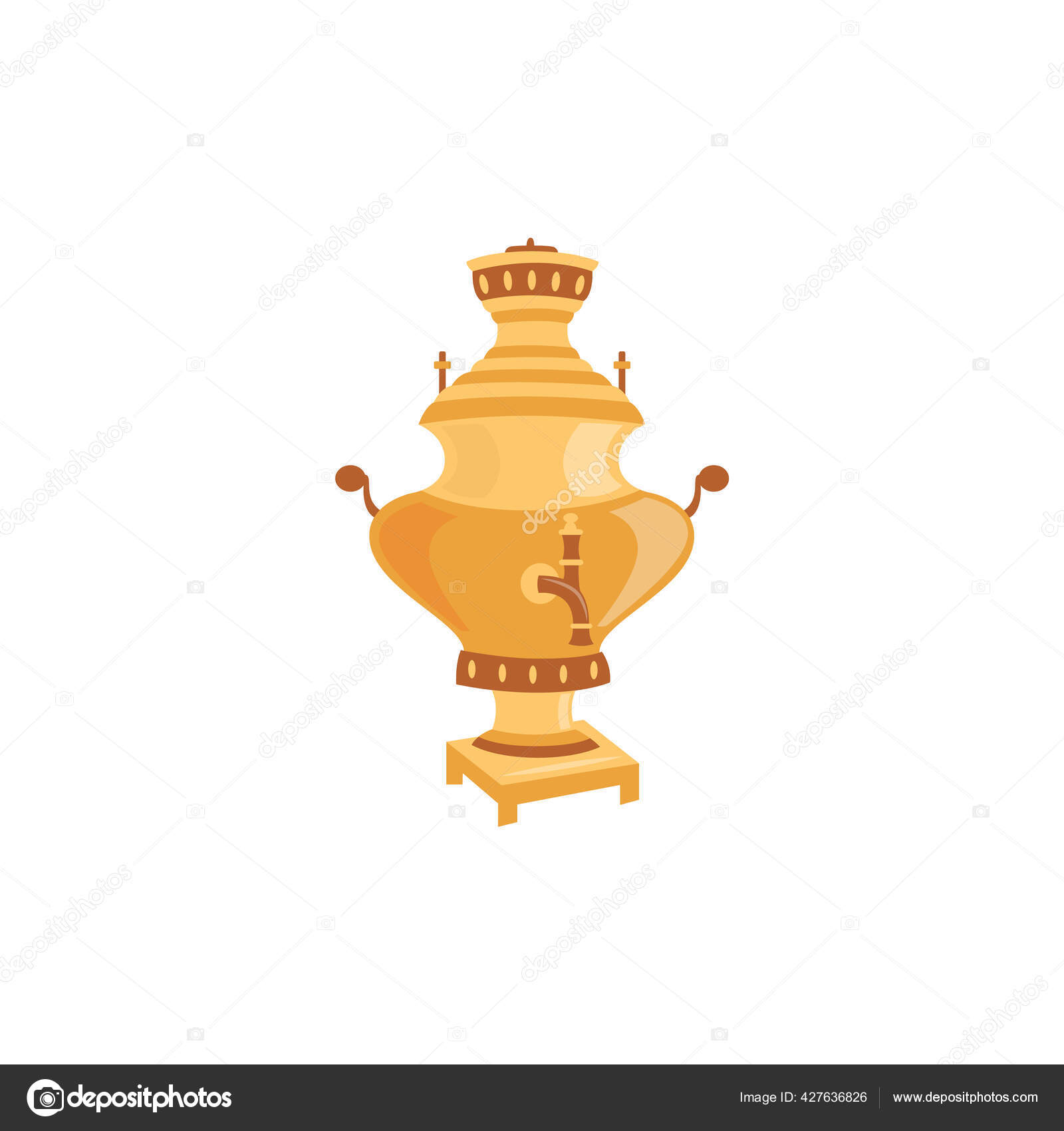 Russian big golden metal samovar teapot flat vector illustration ...