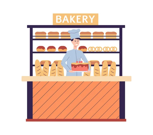 Counter of bakery marketplace flat vector illustration on the cityscape ...