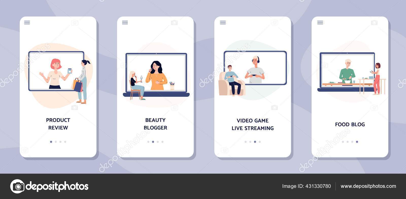 Mobile app pages screens with online video tutorials a set of vector ...