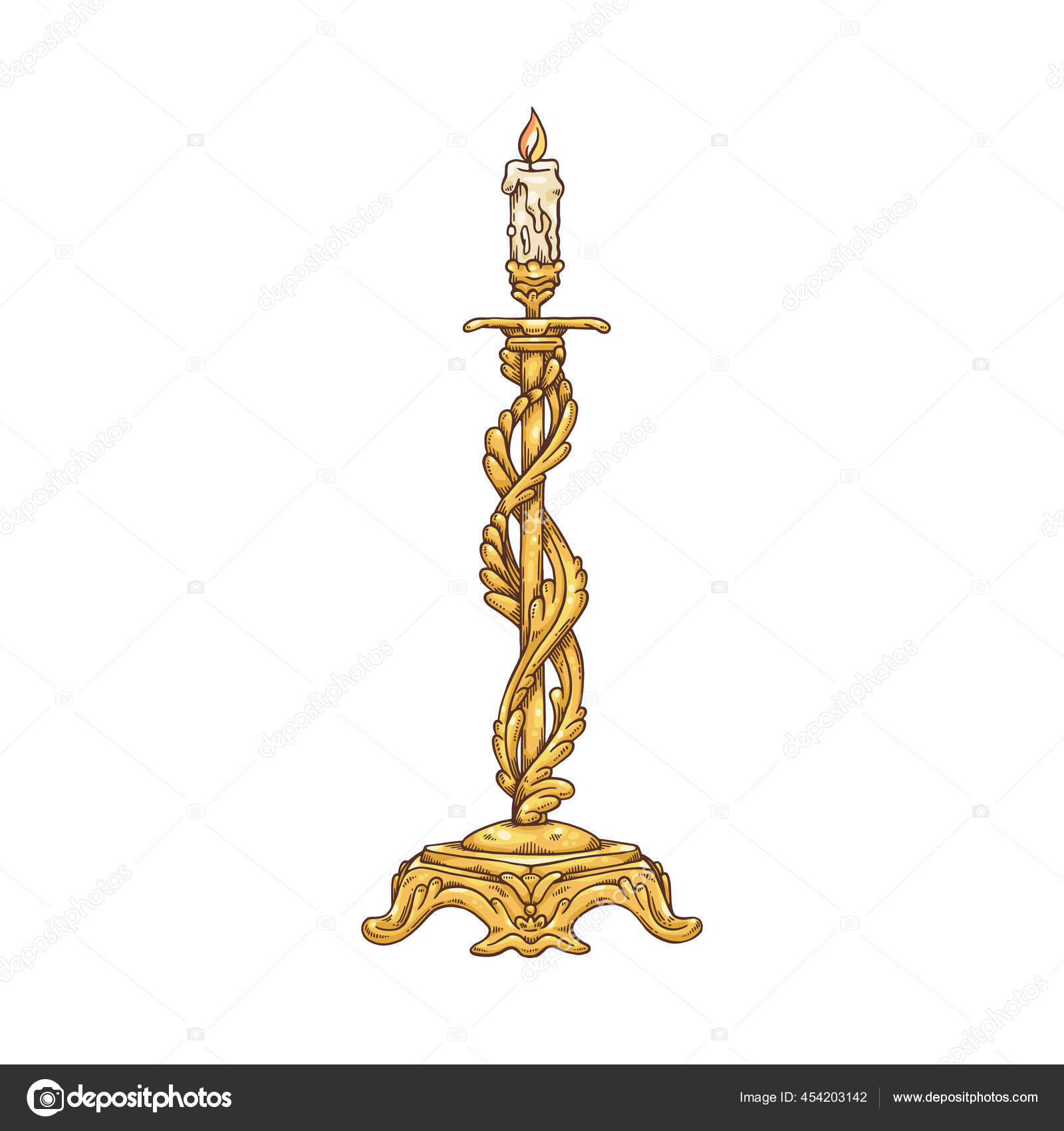 Fancy gold candlestick with candle, engraving vector illustration isolated. Stock Vector Image ...