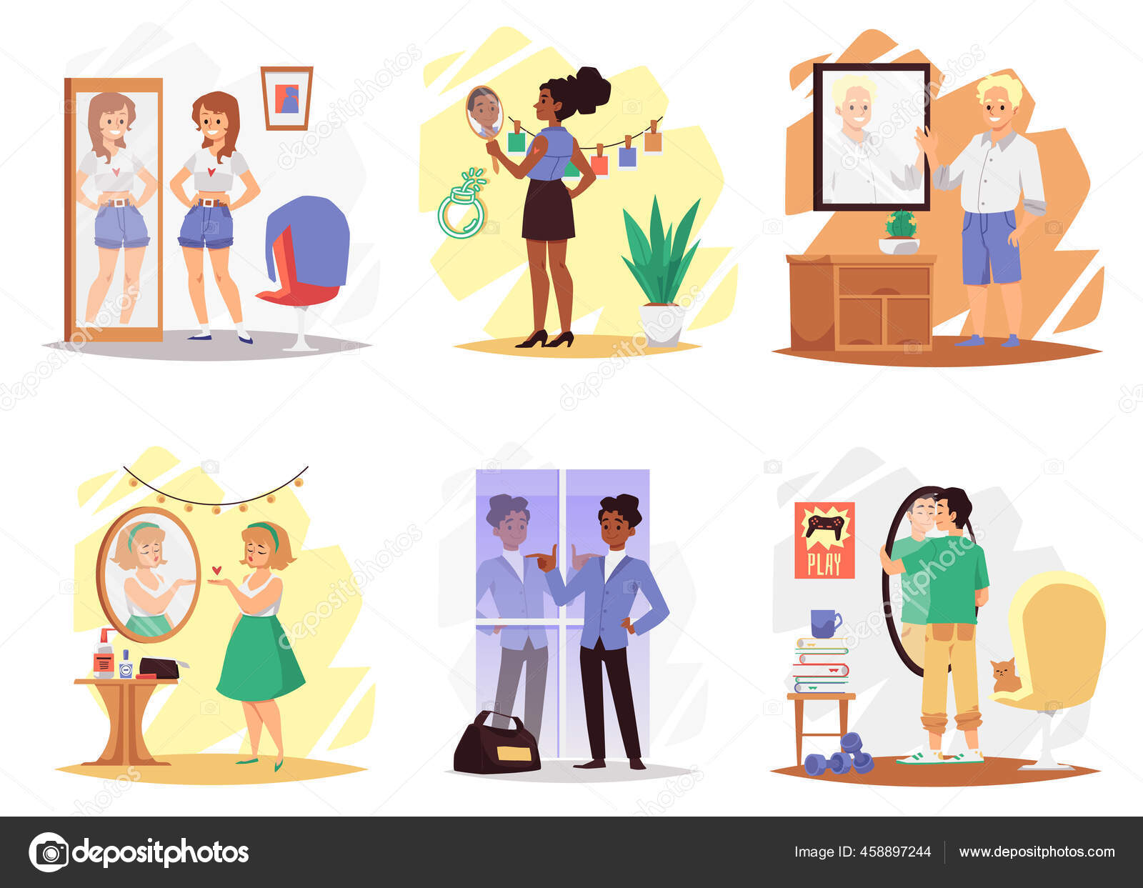 Self-acceptance set with people characters, flat vector illustration ...
