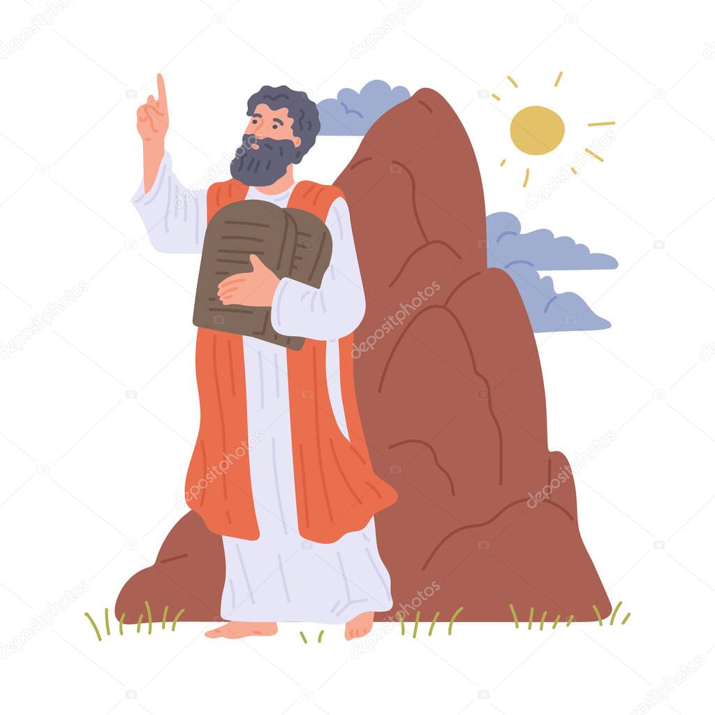 Profeta Moisés sostiene tablas de piedra con mandamientos de Dios en el ...