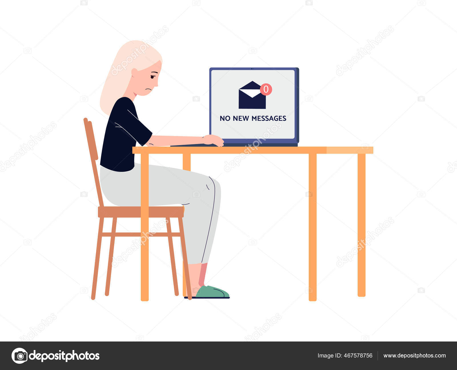 Upset lonely woman getting no messages, flat vector illustration ...