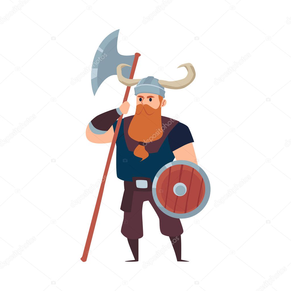 Guerrero vikingo en casco con cuernos sostiene hacha, ilustración vectorial plana aislada ...