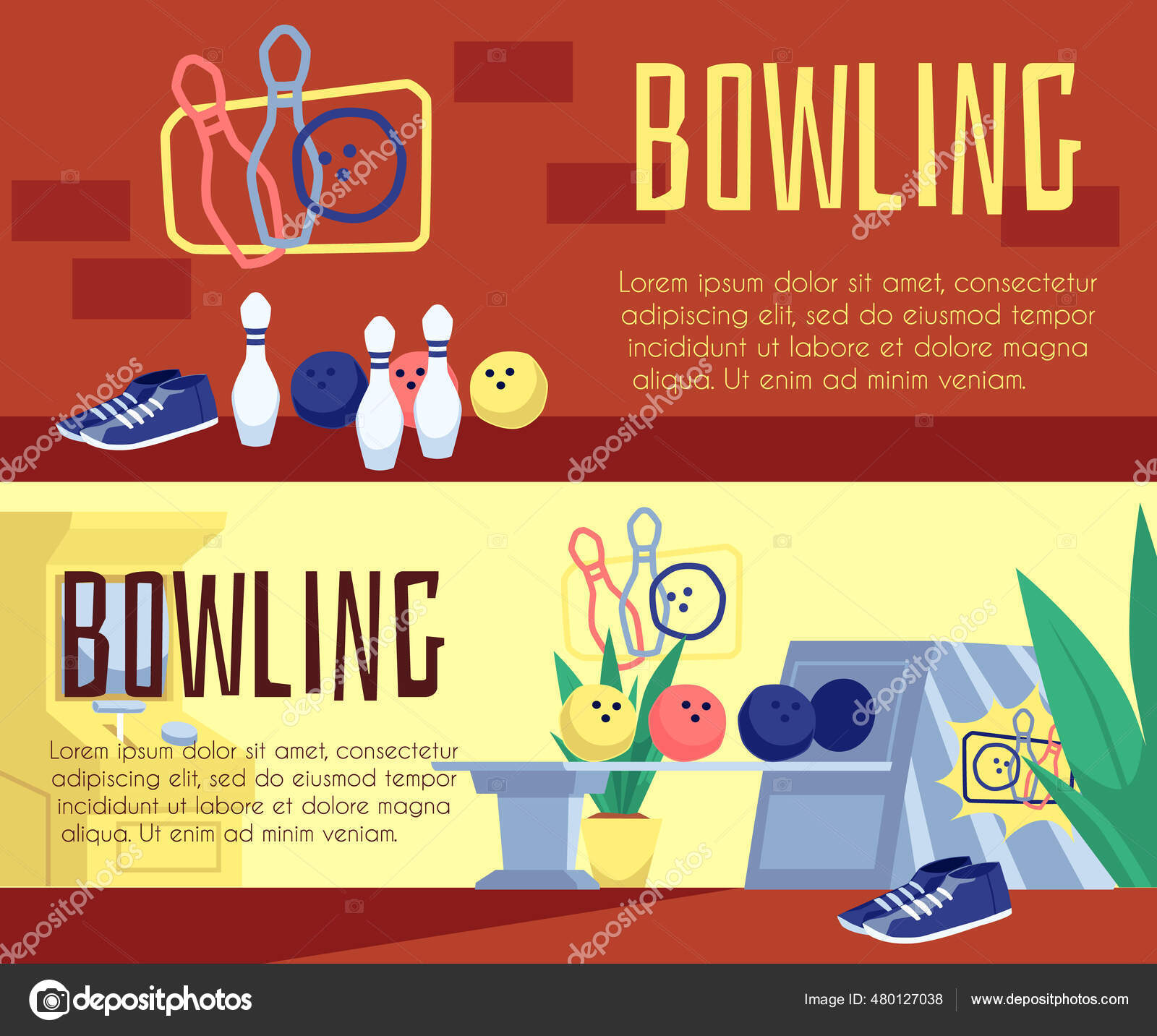 Bowling club advertising banners or flyers set, flat vector ...