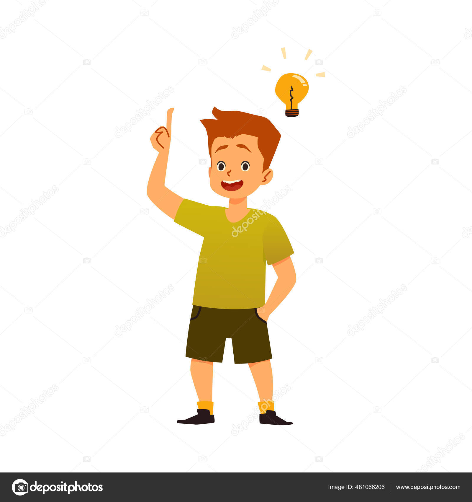 Delighted cheerful boy having solution, flat vector illustration ...