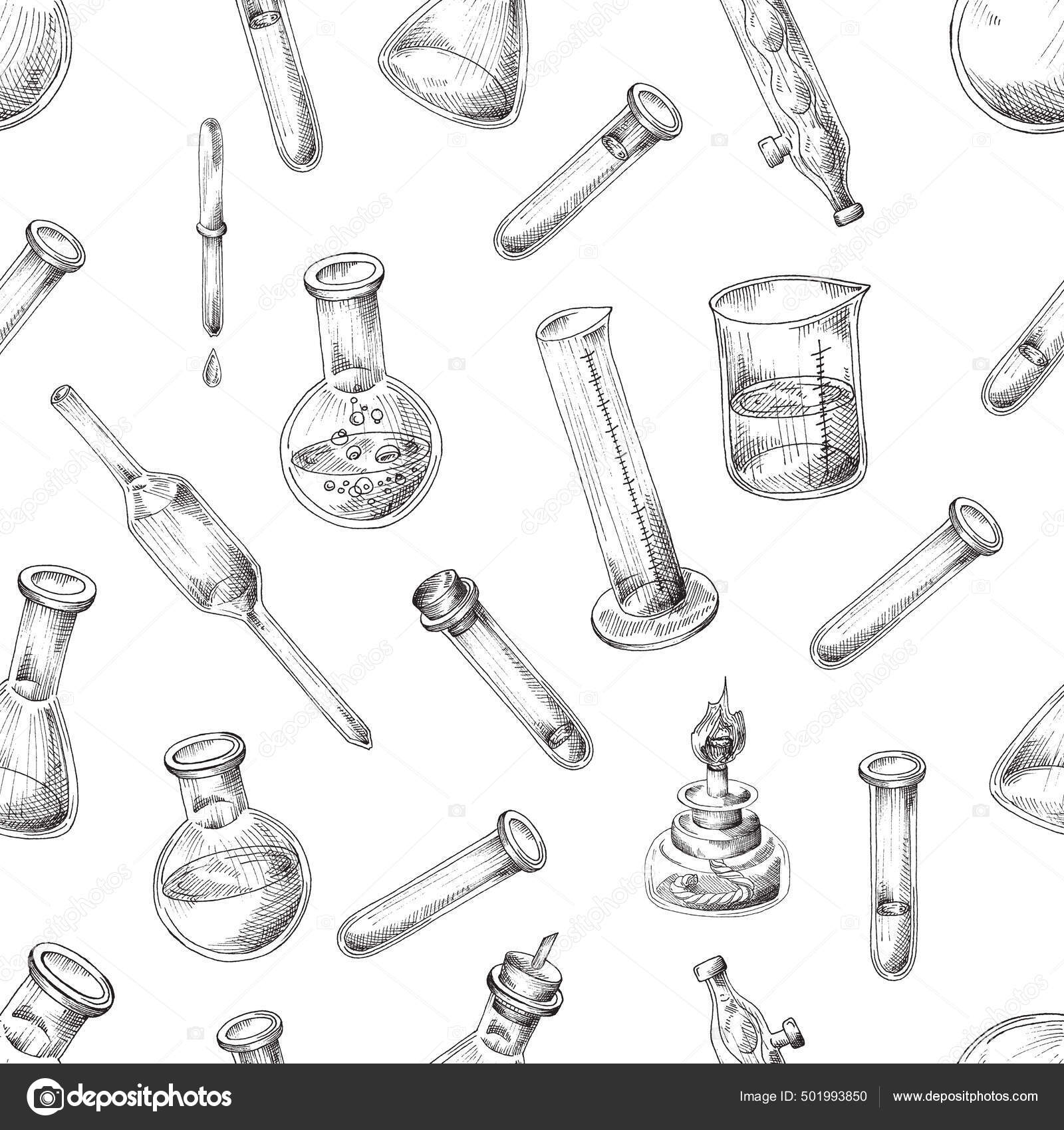 Vector illustration of seamless pattern with chemical glassware for ...