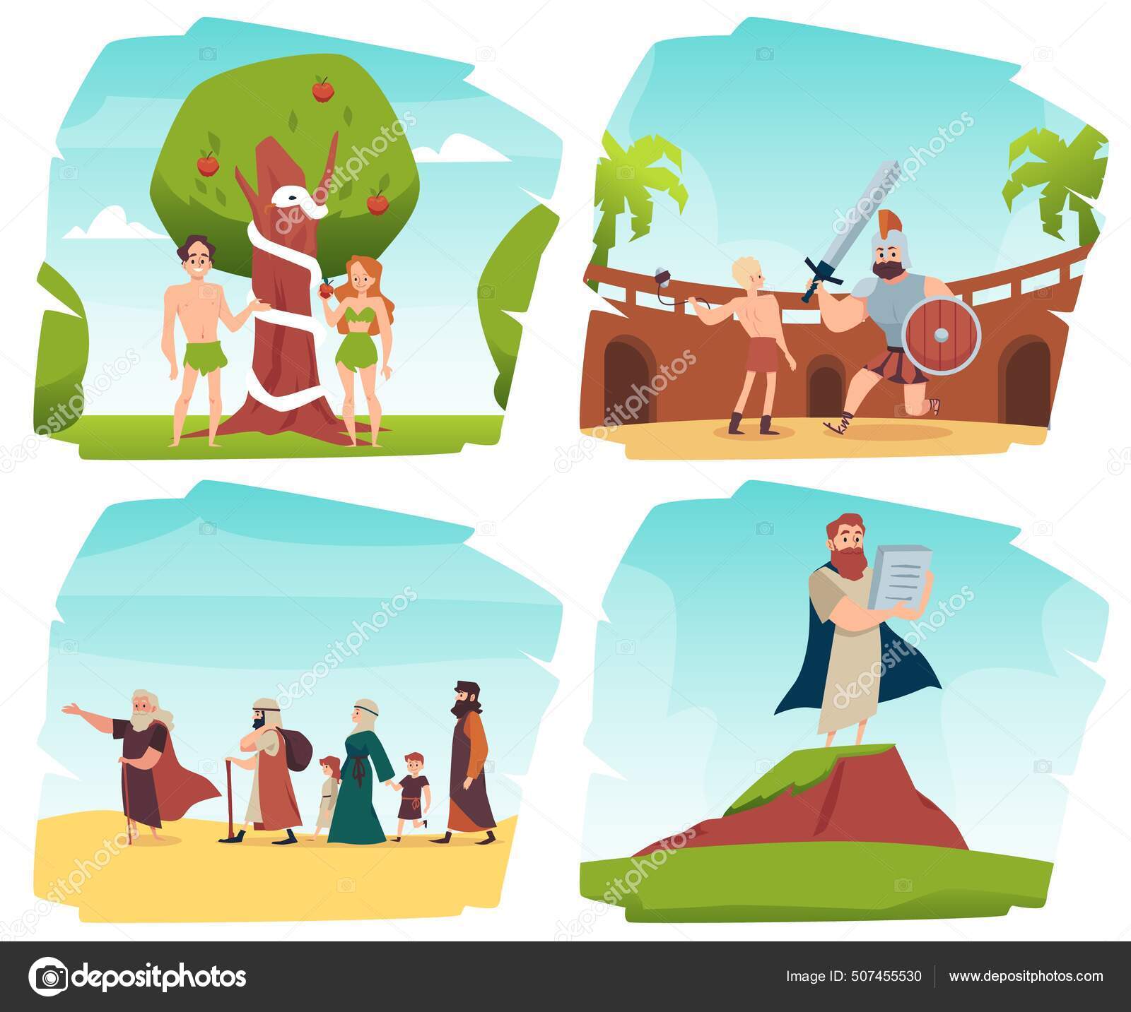 Bible Old Testament stories set flat vector illustration isolated on ...