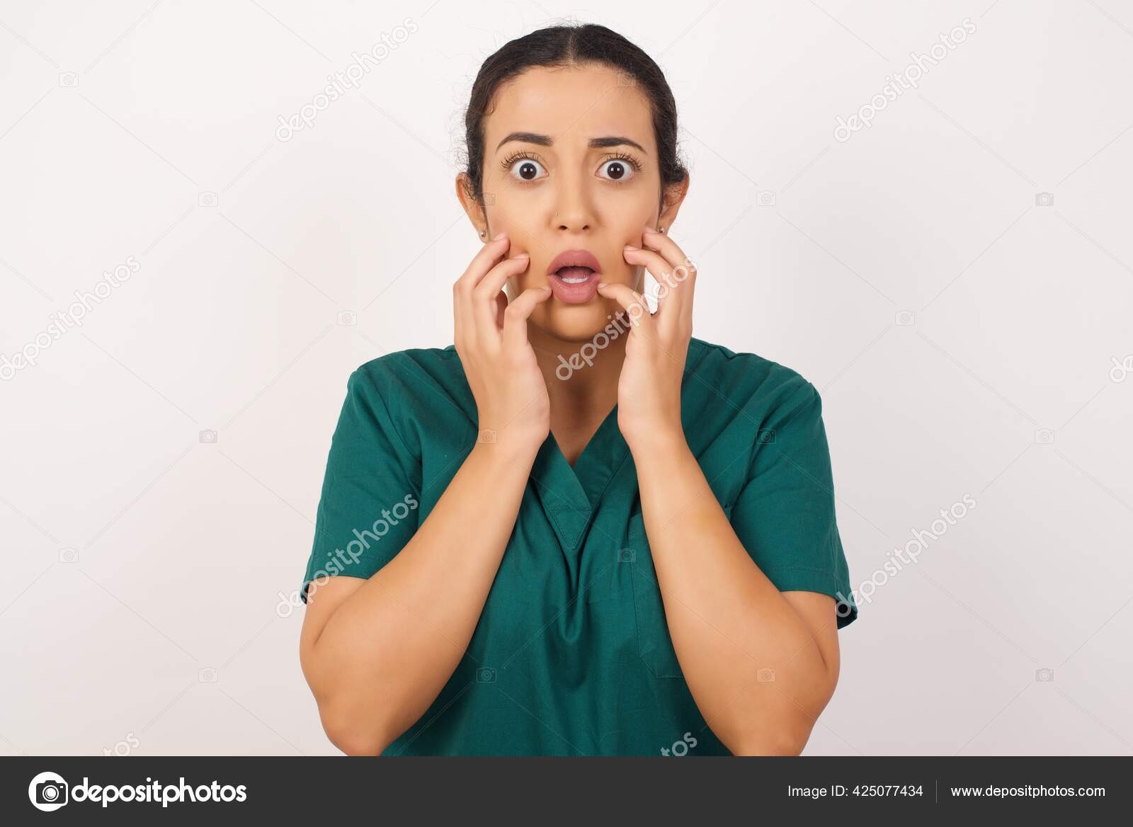 Speechless Model Keeps Hands Opened Mouth Reacts Shocking News Stares ...