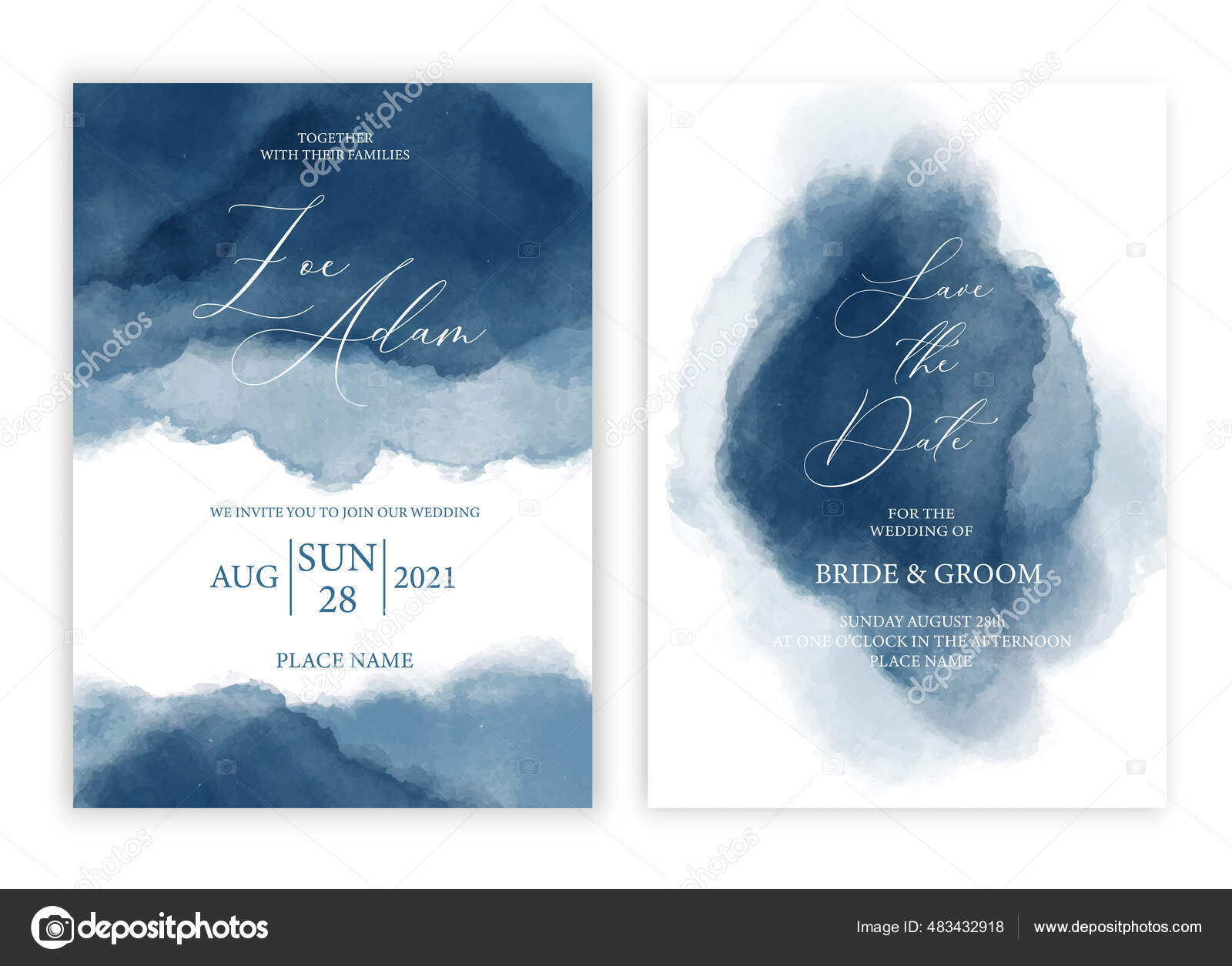 Wedding invitation card navy blue watercolor style collection design ...
