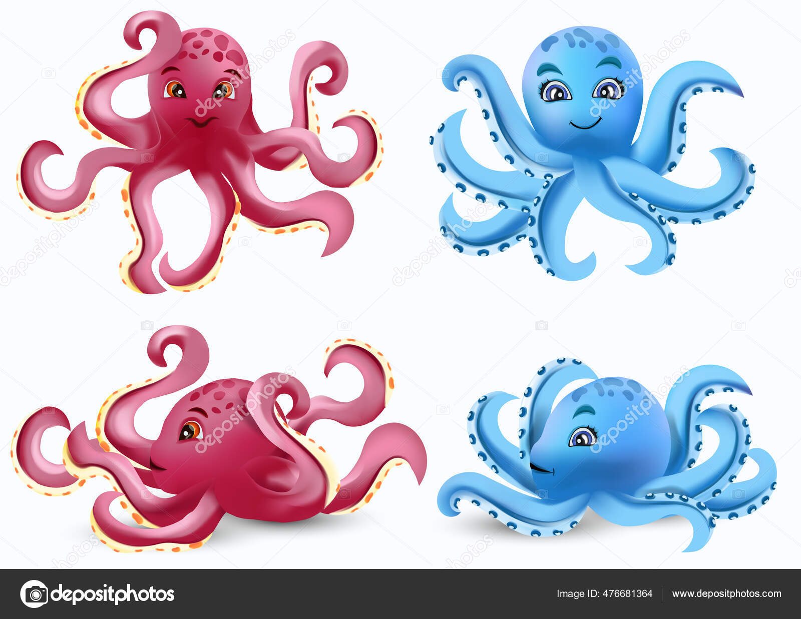 Cute octopus with seven tentacles on different pose. Blue, pink octopus ...