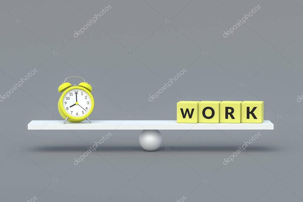 Reloj despertador y cubos con palabra de trabajo en escalas. Salarios ...