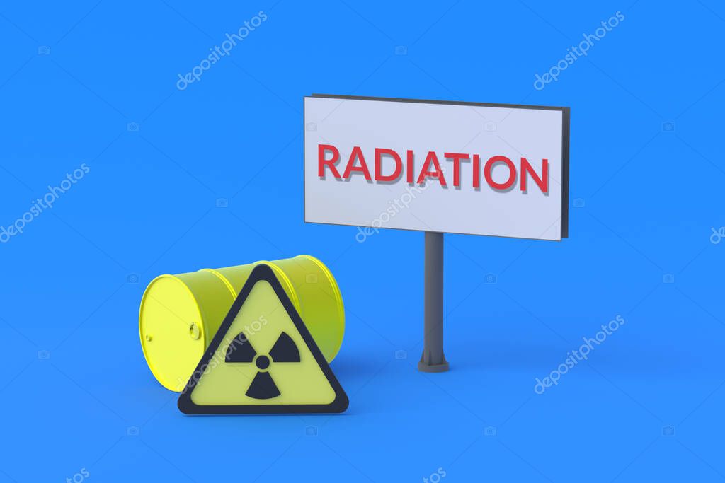 Cartelera con radiación de inscripción cerca de barriles y letrero ...