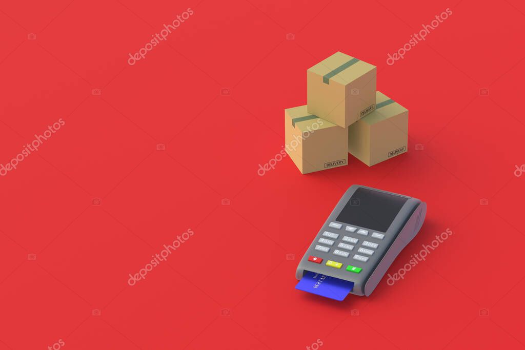 Cajero automático compacto con una tarjeta de plástico cerca de cajas ...