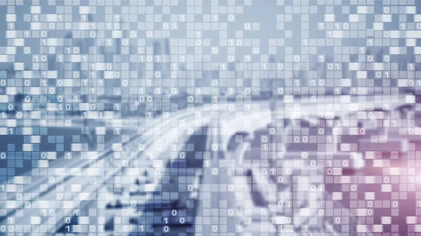 Digital code on blur city background. Abstract Binary code. - Stock ...