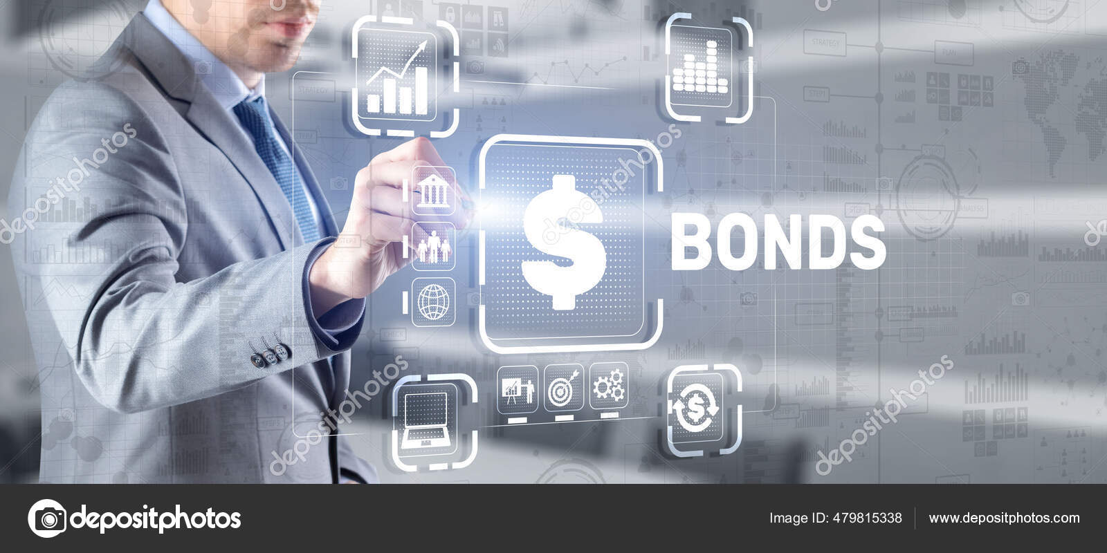 Businessman clicks a bonds virtual screen. Bond Finance Banking ...