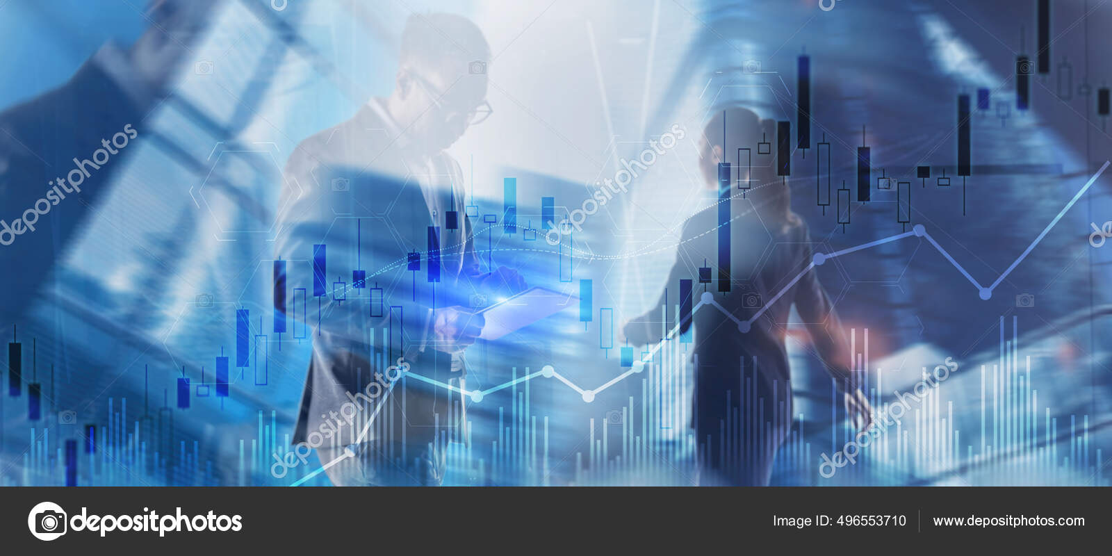 Trading candlestick chart and diagrams on blurred office center ...